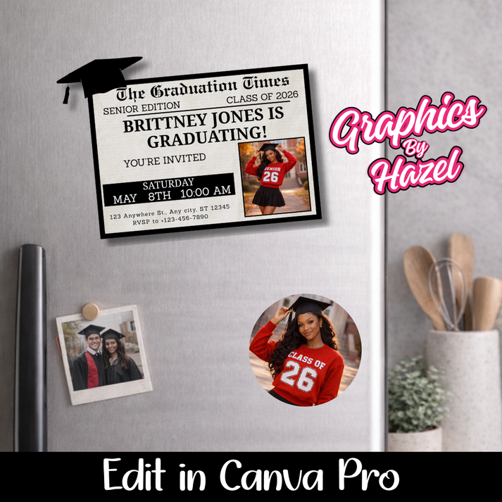 Graduation Newspaper Magnet Template Editable in Canva – Graphics By Hazel