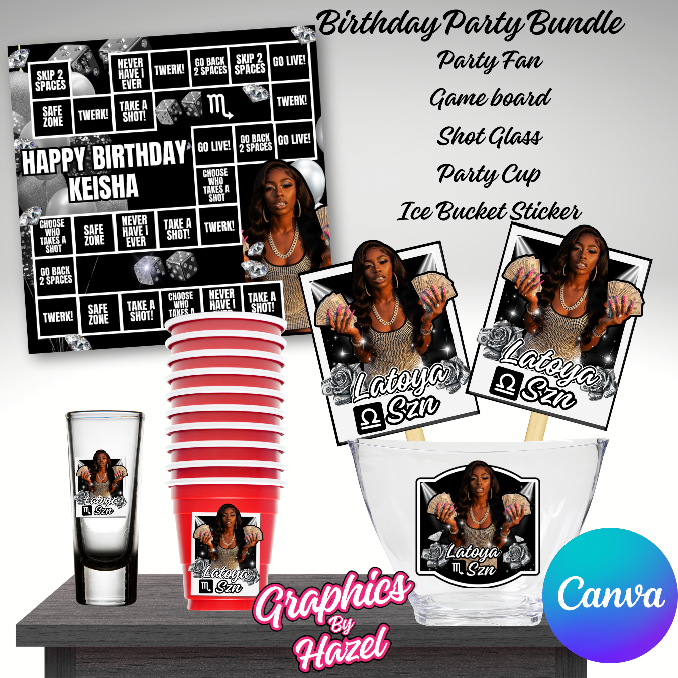 Adult Birthday Party Bundle Set- Canva Pro Template Shot Glass, Cups ...